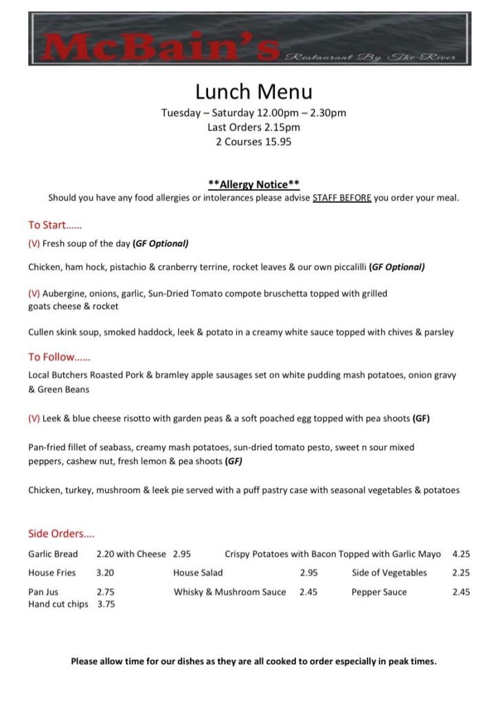 Lunch Menu - McBains By The River