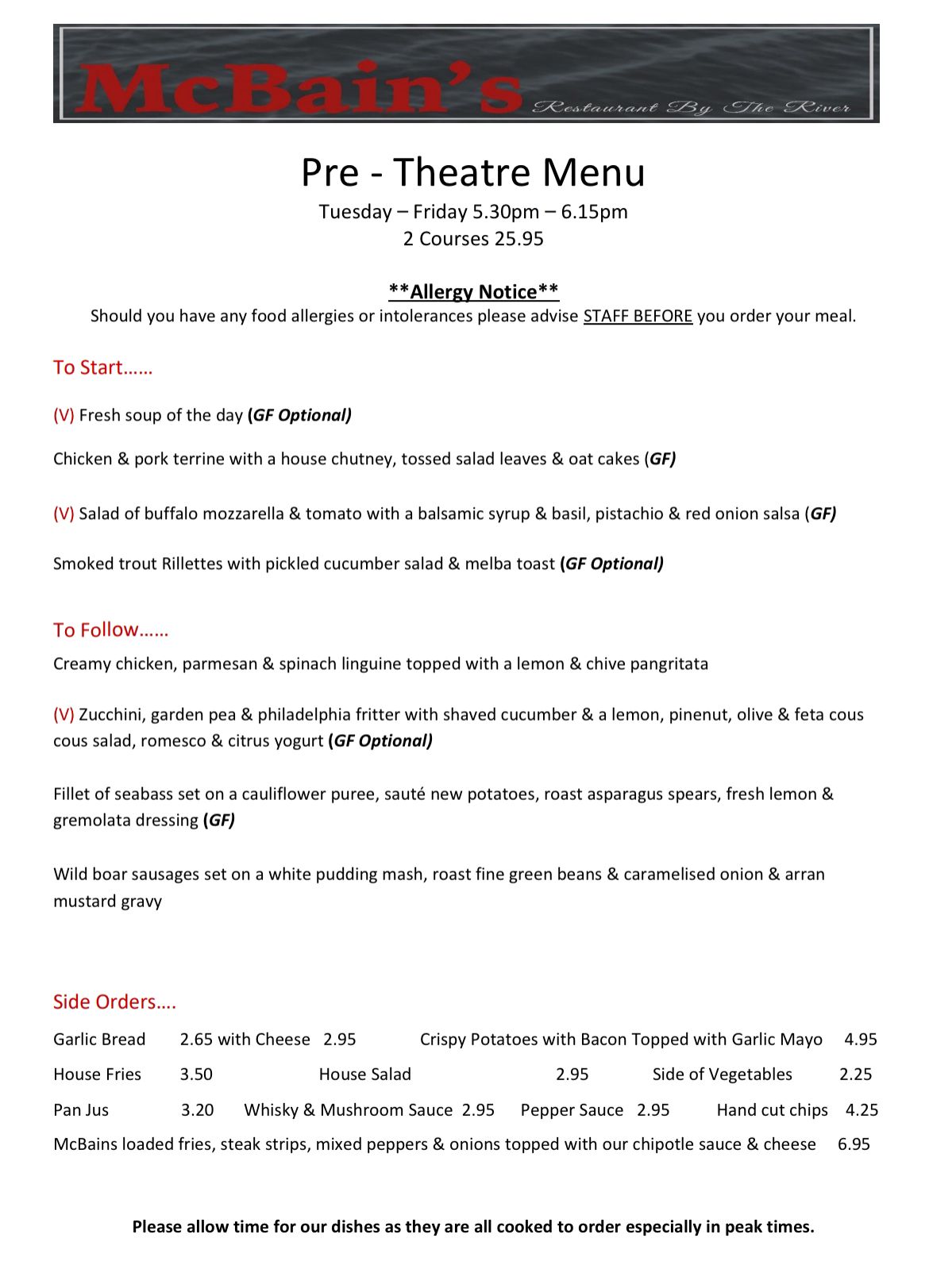 Theatre Menu - McBains By The River